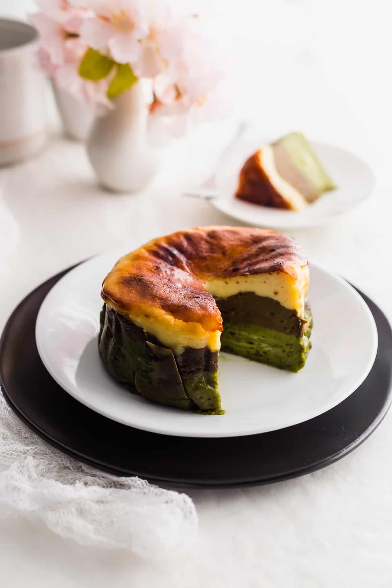 Mini Triple Layer Matcha & Hojicha Burnt Basque Cheesecake | Sift & Simmer