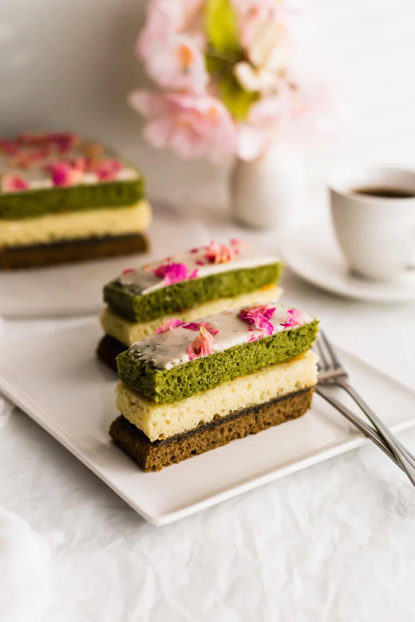 Matcha Hojicha Vanilla Angel Cake Slices | Sift & Simmer