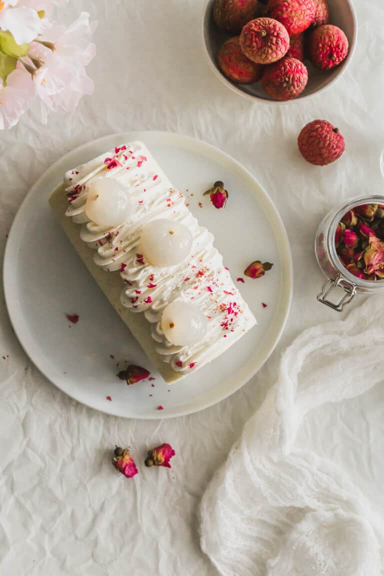 Lychee Rose Cream Roll Cake | Sift & Simmer